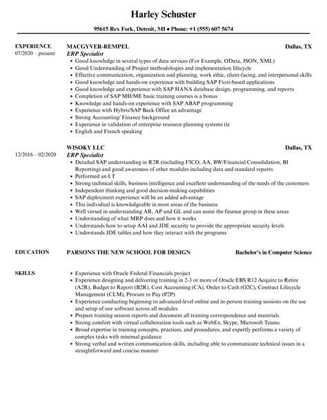 Erp Specialist Resume Samples Velvet Jobs