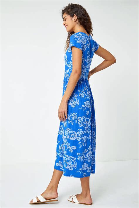 Floral Print Midi Stretch Dress In Blue Roman Originals Uk