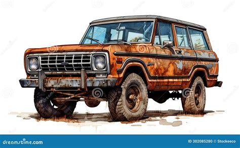 Rusty Jeep On The Road Intricate Pen And Ink Drawing Wallpaper Stock