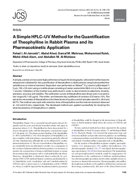 Pdf A Simple Hplc Uv Method For The Quantification Of Theophylline In