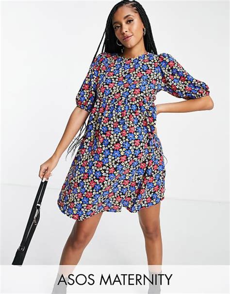 Asos Design Maternity Short Sleeve Smock Mini Dress In Black Based