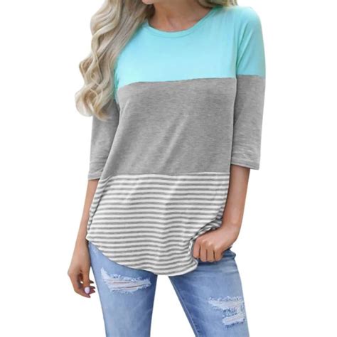Womens Tops Casual Loose Striped Patchwork Lace Three Quarter Sleeve
