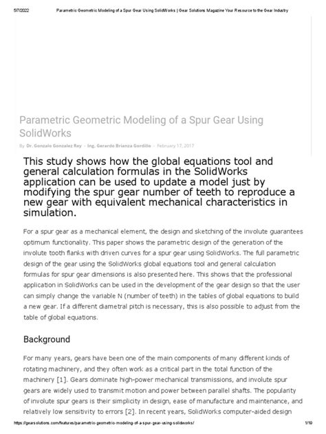 Parametric Geometric Modeling Of A Spur Gear Using Solidworks Pdf
