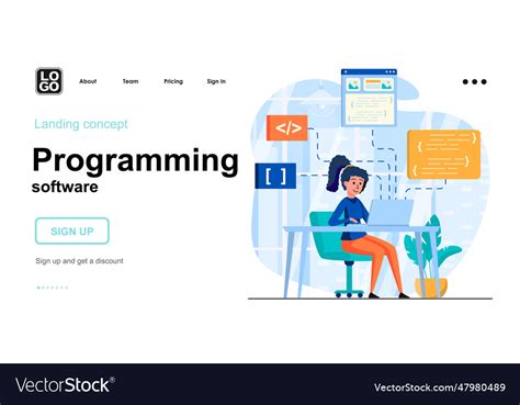 Programming Software Web Concept Woman Coding Vector Image