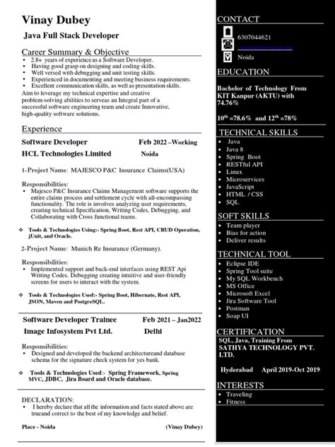 Vinay Dubey Java Developer Resume Pdf Software Java Programming