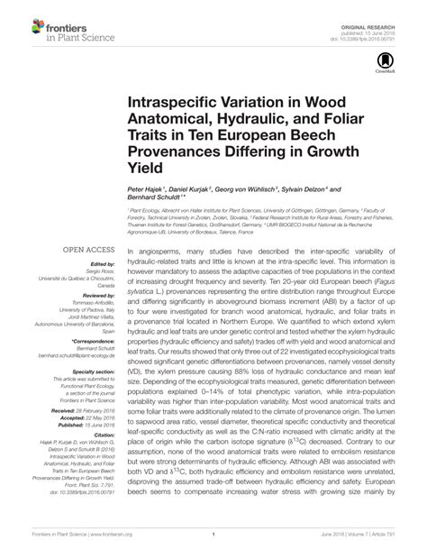 Pdf Intraspecific Variation In Wood Anatomical Hydraulic And Foliar Traits In Ten European