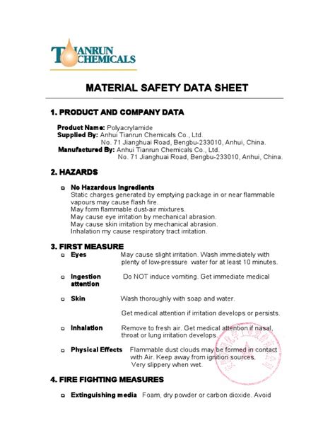 Material Safety Data Sheet For Polyacrylamide From Anhui Tianrun