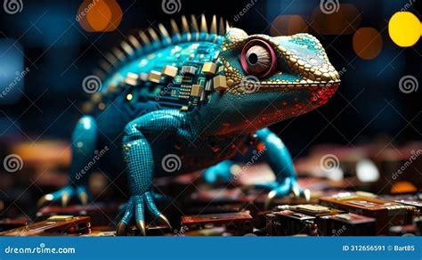 D Render Of A Digital Chameleon Blending Into Various Technological