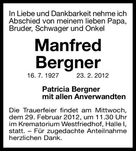 Traueranzeigen Von Manfred Bergner Trauernnde