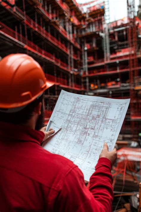 Construction Worker Examining Detailed Blueprints Ensuring Seamless