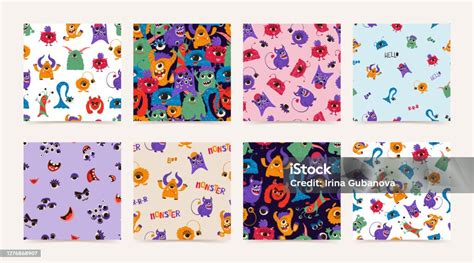 만화 스타일의 재미있는 괴물과 컬렉션 원활한 패턴 직물 디자인 배경 화면 포장지에 대한 귀여운 문자와 어린이 의 배경 벡터 0명에 대한 스톡 벡터 아트 및 기타 이미지