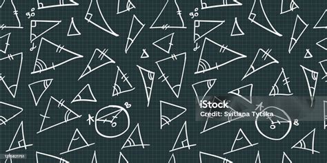 손으로 쓴 흰색 수학적 인물 삼각형 어두운 파란색 또는 검은 색 사각형 종이의 모서리가있는 벡터 귀여운 매끄러운 패턴 개체 그룹에 대한 스톡 벡터 아트 및 기타 이미지