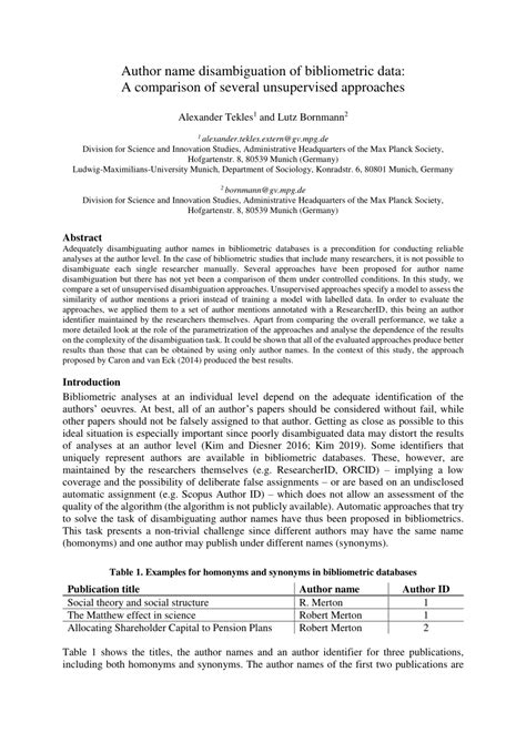 Pdf Author Name Disambiguation Of Bibliometric Data A Comparison Of Several Unsupervised