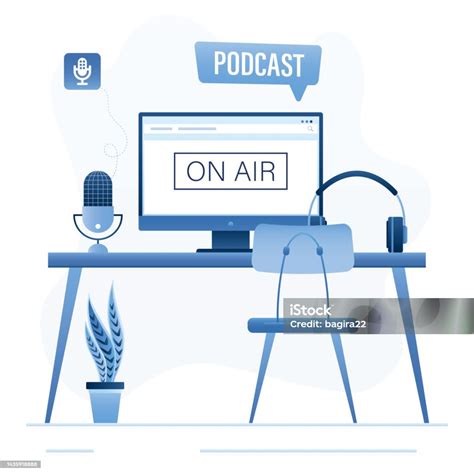 라디오 호스트의 직장 미디어 호스팅 방송 오디오 토크의 기술 팟 캐스트 개념 블로거 또는 방송사의 작업 공간 미디어 콘텐츠 제작