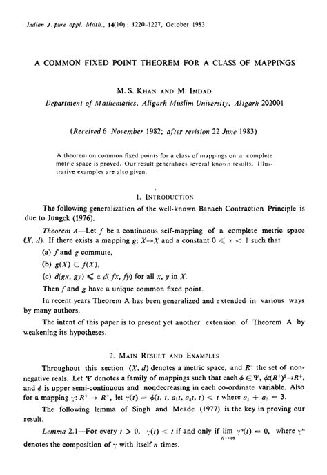 Pdf A Common Fixed Point Theorem For A Class Of Mappings