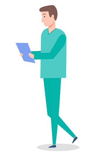 클립 보드를 들고 있는 한 남자 의사 의학적 옷을 입은 남성 캐릭터가 환자를 만나러 간다 가공의 인물에 대한 스톡 벡터 아트 및
