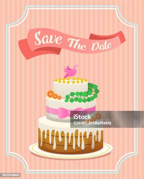 웨딩 케이크 카드입니다 발렌타인 하루입니다 신혼 부부 벡터 일러스트 레이 션 신부 및 신랑에 대 한 개념을 사랑 해요 그냥 결혼 여름 풍경입니다 빈티지 포스터 배너입니다