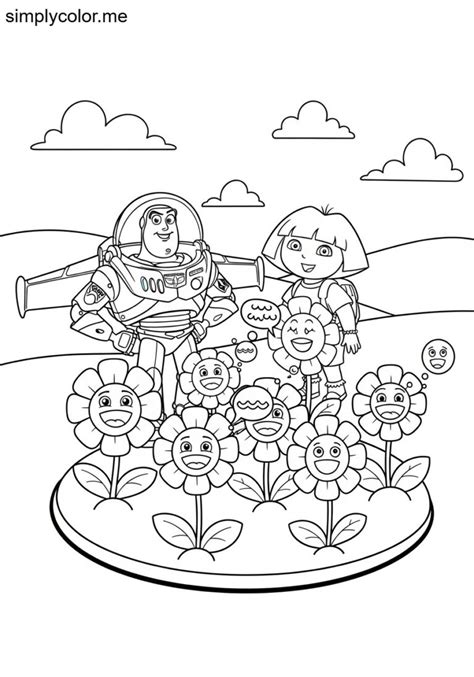 Buzz Lightyear And Dora The Explorer Planting A Magical Garden Full Of Talking Flowers Coloring