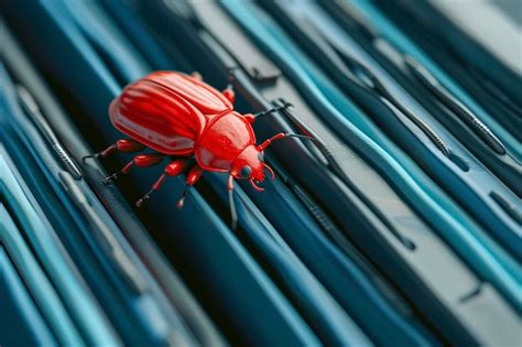 A Red Bug On File Folder Premium Ai Generated Image