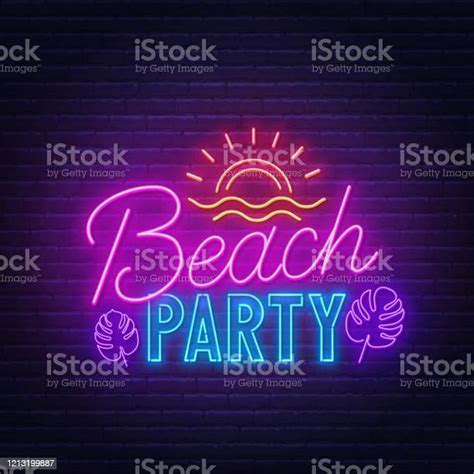 Beach Party Neon Sign On Brick Wall Background Stock Illustration