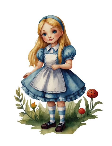 Акварель Алиса из Страны чудес в платье Векторная иллюстрация Премиум Ai сгенерированный вектор