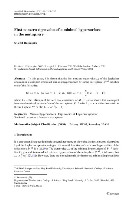 Pdf First Nonzero Eigenvalue Of A Minimal Hypersurface In The Unit