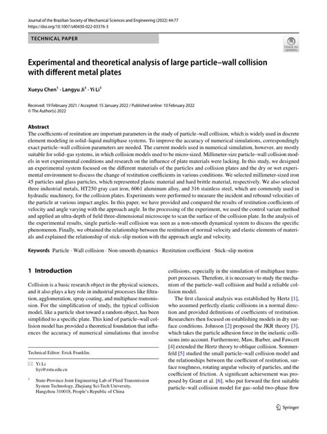 Pdf Experimental And Theoretical Analysis Of Large Particlewall Collision With Different