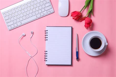 Premium Photo Workspace In Girly Style With Blank Notebook For Text
