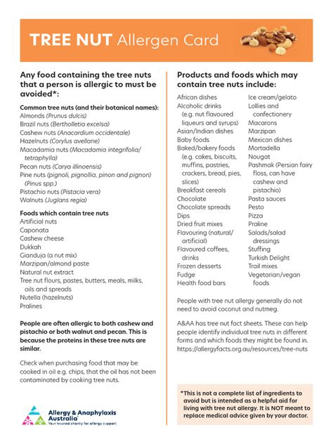 Aaa Foodallergencards A4 Tree Nut Pdf Nut Fruit Allergy