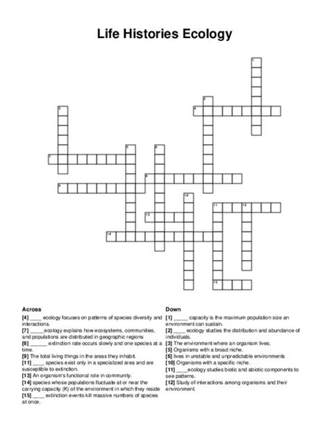 Life Histories Ecology Crossword Puzzle
