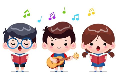 기타를 연주하는 귀여운 소년과 노래하는 아이들 프리미엄 벡터