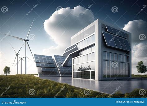 Bau Mit Solarzellen Und Windkraftanlagen Auf Dem Dach Der Saubere