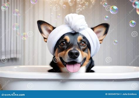 Dog In White Bath With Terry Towel On His Head With Flying Soap Bubbles