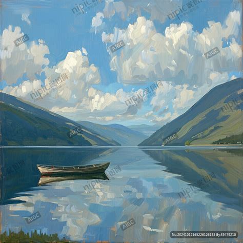 Ai创作图蓝天白云与湖面小船 山水景观小船 湖畔蓝色小船 原创湖面云彩 小船艺术画 原创湖面云彩蓝天 河流湖怕湖水倒影树舟 山水小船 插画山水湖 小船水粉画 自然风景湖边木船 湖面无框画 湖泊