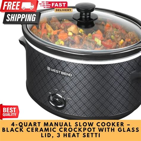 Kitchen 4quart Manual Slow Cooker Black Ceramic Crockpot With Glass