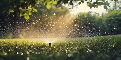 A Sprinkler Sprinkler In The Grass With The Sun Shining On The Grass Premium Ai Generated Image