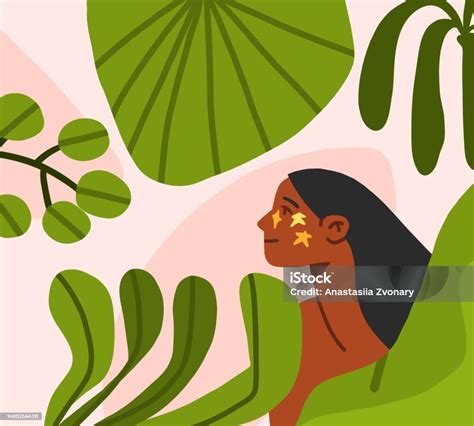 손으로 그린 벡터 추상 현대 그래픽 추상적 인 모양 나뭇잎 꽃 별과 열대 자연에서 젊은 보호 여성 캐릭터의 클립 아트 일러스트레이션 현대 여성 디자인 여성 자연 개념 개념에