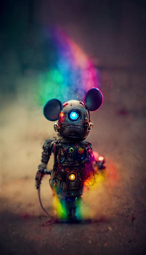 Mickey Mouse Cyborg Rainbow Horror Hyper Realistic Character Concept Cinematic Lighting 4k