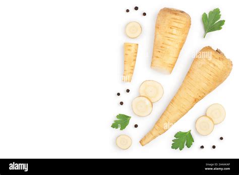 Parsnip Root And Slices With Parsley Peppercorns Isolated On White Background With Copy Space