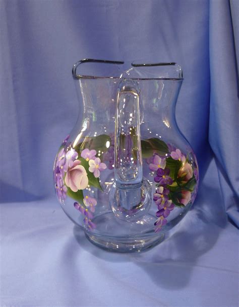 Hand Painted Glass Pitcher Beverage Container Pink Roses Etsy