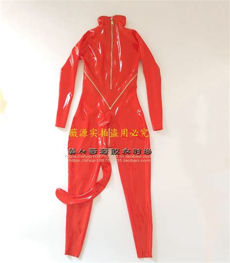 Sexy Red Latex Catsuit Rubber Bodysuits Clothing Inflatable Tail With
