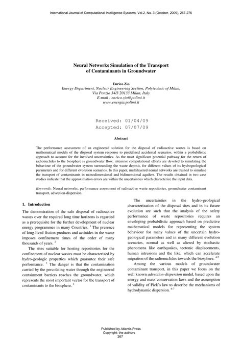 Pdf Neural Networks Simulation Of The Transport Of Contaminants In Groundwater