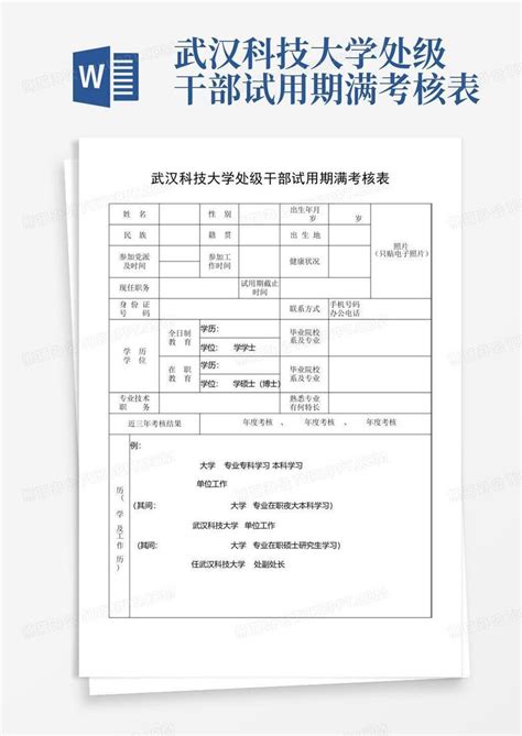 武汉科技大学处级干部试用期满考核表word模板下载 编号qedgmomw 熊猫办公