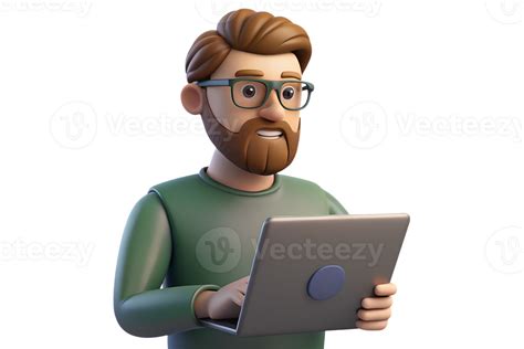 Developer Man With Glasses And Beard Works On A Laptop 3d Rendered Icon