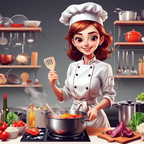 A Woman Cooking In A Kitchen With A Cookbook On The Wall Premium Ai
