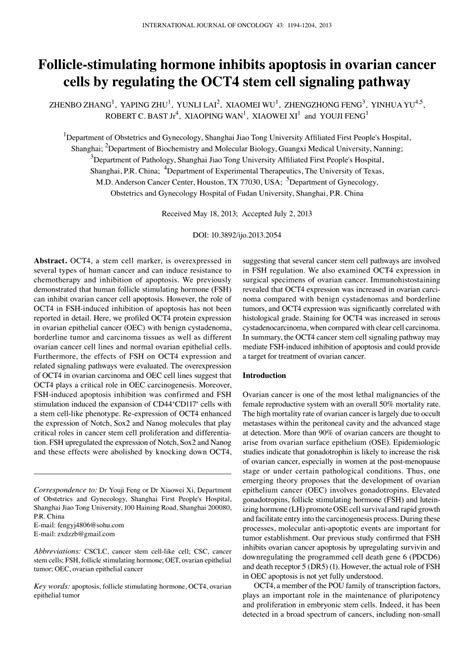 Pdf Follicle Stimulating Hormone Inhibits Apoptosis In Ovarian Cancer