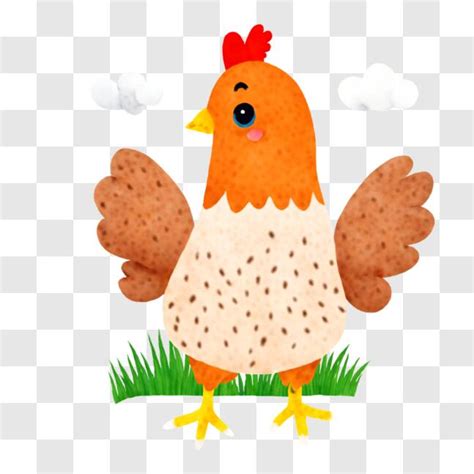 Baixe Galinha de desenho animado em pé na grama asas abertas PNGs