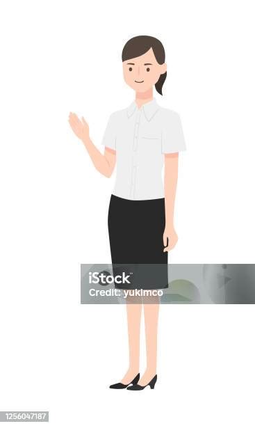 손으로 안내하는 사람의 그림입니다 모집복을 입은 한 여성 검은색에 대한 스톡 벡터 아트 및 기타 이미지 검은색 미소 벡터