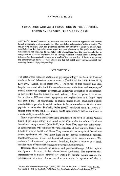 Pdf Structure And Anti Structure In The Culture Bound Syndromes The Malay Case Dokumentips