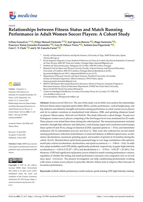 Pdf Relationships Between Fitness Status And Match Running Performance In Adult Women Soccer